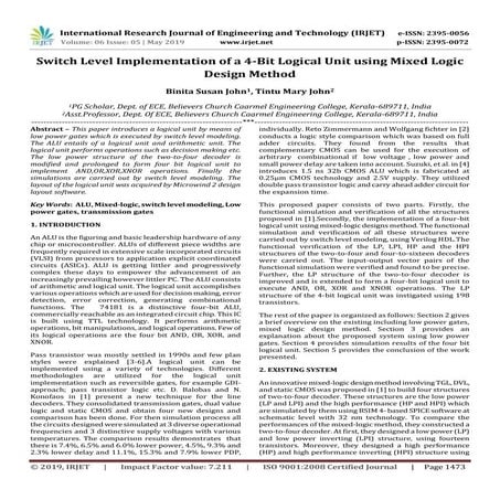 Irjet Switch Level Implementation Of A 4 Bit Logical Unit Using Mixed