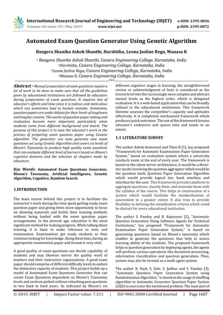 Irjet Automated Exam Question Generator Using Genetic Algorithm Pdf