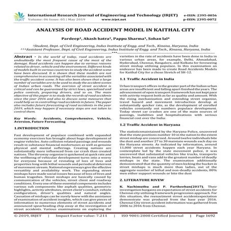 IRJET- Analysis of Road Accident Model in Kaithal City | PDF