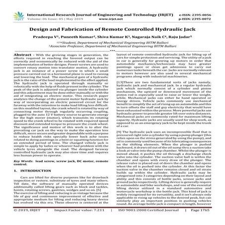IRJET- Design and Fabrication of Remote Controlled Hydraulic Jack | PDF