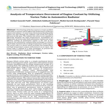 IRJET- Analysis of Temperature Decrement of Engine Coolant by Utilizing Vortex Tube in ...