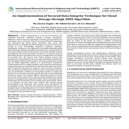 Irjet An Implementation Of Secured Data Integrity Technique For Cloud