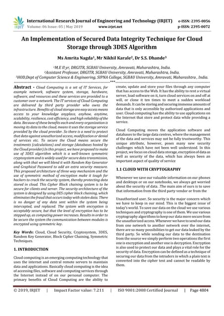 Irjet An Implementation Of Secured Data Integrity Technique For Cloud