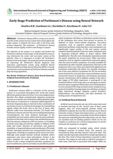 IRJET- Early Stage Prediction of Parkinson’s Disease using Neural ... IRJET- Early Stage Prediction of Parkinson’s Disease using Neural ...
