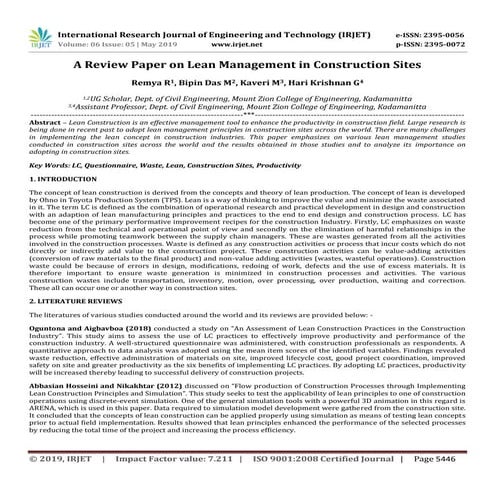 IRJET- A Review Paper on Lean Management in Construction Sites | PDF