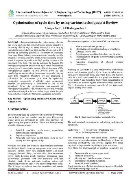 Irjet Optimization Of Cycle Time By Using Various Techniques A Review
