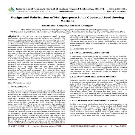 IRJET- Design and Fabrication of Multipurpose Solar Operated Seed ...