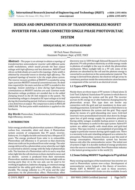 Irjet Design And Implementation Of Transformerless Mosfet Inverter For