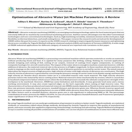 Irjet Optimization Of Abrasive Water Jet Machine Parameters A Review