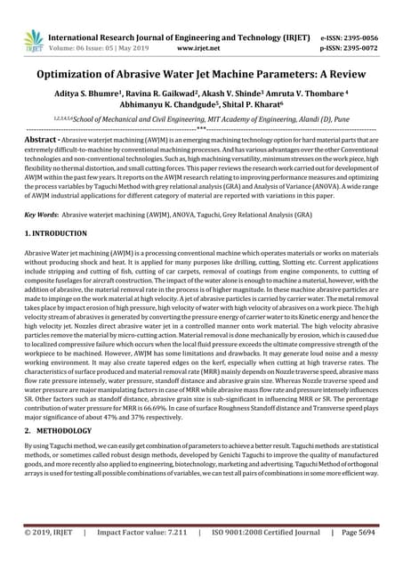 Irjet Optimization Of Abrasive Water Jet Machine Parameters A Review