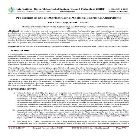 Irjet Prediction Of Stock Market Using Machine Learning Algorithms Pdf