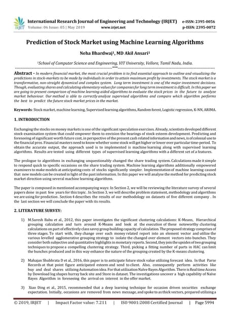 Irjet Prediction Of Stock Market Using Machine Learning Algorithms Pdf