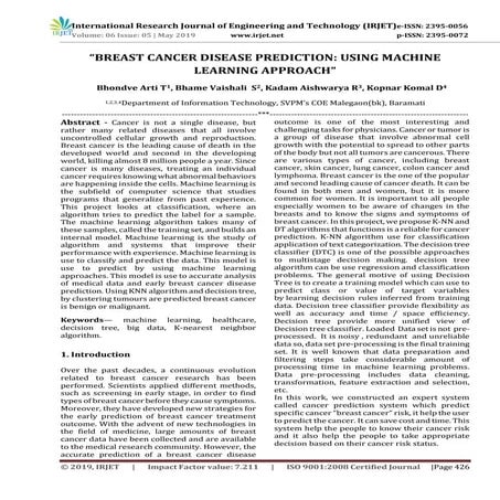 Irjet Breast Cancer Disease Prediction Using Machine Learning Approach Pdf 6698