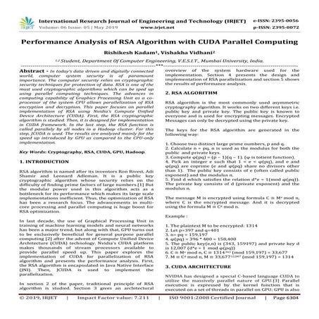 Irjet Performance Analysis Of Rsa Algorithm With Cuda Parallel Computing Pdf Programming