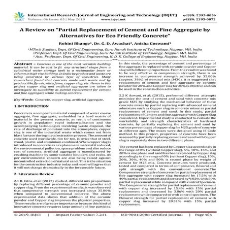 IRJET- A Review on “Partial Replacement of Cement and Fine Aggregate by Alternatives for Eco ...