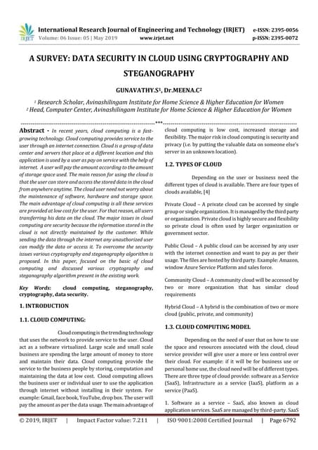 Irjet A Survey Data Security In Cloud Using Cryptography And