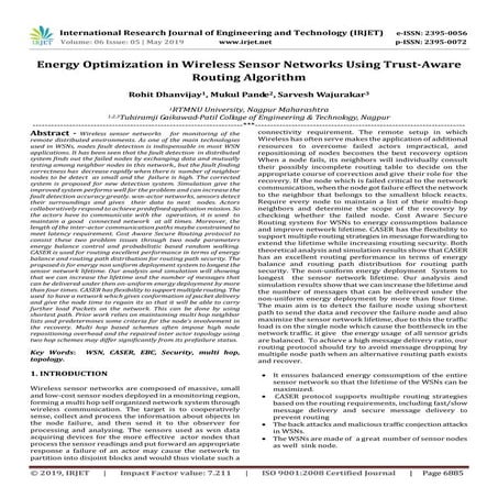 Irjet Energy Optimization In Wireless Sensor Networks Using Trust