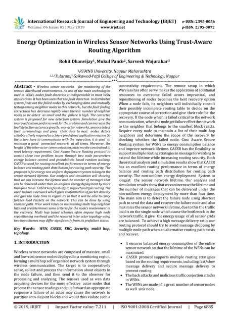 Irjet Energy Optimization In Wireless Sensor Networks Using Trust