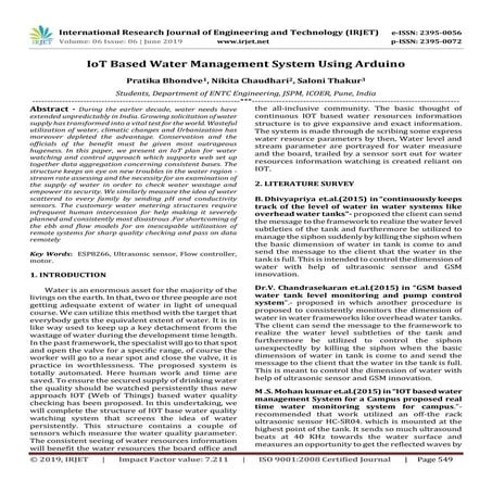 Irjet Iot Based Water Management System Using Arduino Pdf Internet