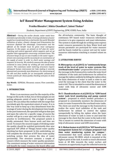 Irjet Iot Based Water Management System Using Arduino Pdf Internet