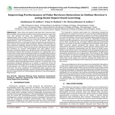 IRJET- Improving Performance of Fake Reviews Detection in Online Review’s using Semi-Supervised ...