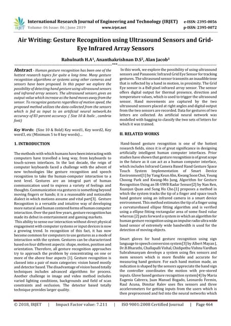 Irjet Air Writing Gesture Recognition Using Ultrasound Sensors And