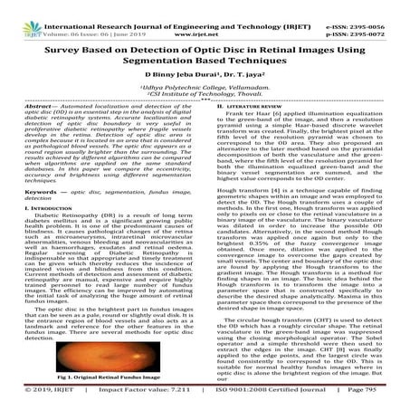 Irjet Survey Based On Detection Of Optic Disc In Retinal Images Using