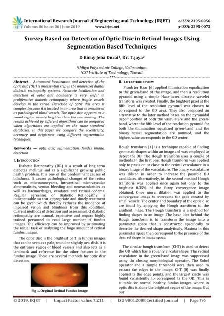 Irjet Survey Based On Detection Of Optic Disc In Retinal Images Using