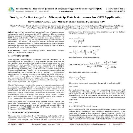 Irjet Design Of A Rectangular Microstrip Patch Antenna For Gps