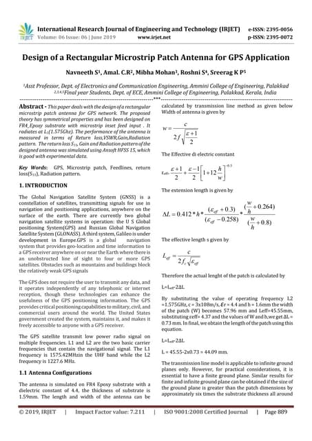 Irjet Design Of A Rectangular Microstrip Patch Antenna For Gps