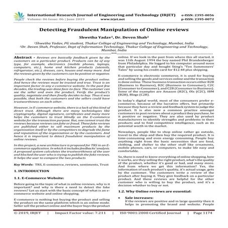Irjet Detecting Fraudulent Manipulation Of Online Reviews Pdf
