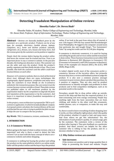 Irjet Detecting Fraudulent Manipulation Of Online Reviews Pdf