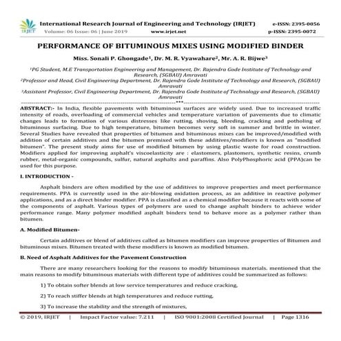 IRJET- Performance of Bituminous Mixes using Modified Binder | PDF