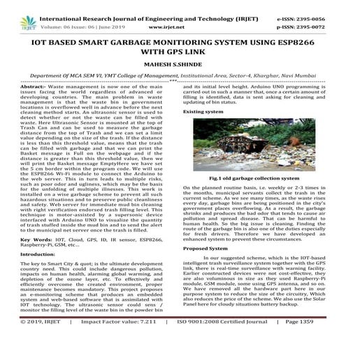 Irjet Iot Based Smart Garbage Monitioring System Using Esp8266 With Gps Link Pdf
