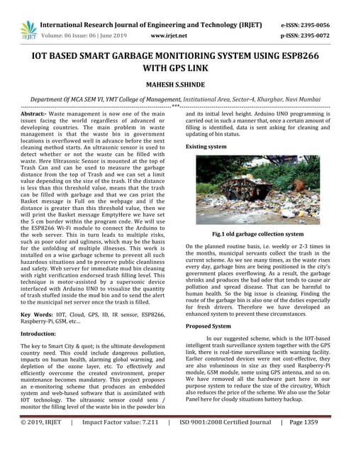 Irjet Iot Based Smart Garbage Monitioring System Using Esp8266 With Gps Link Pdf