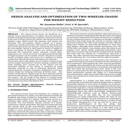 Irjet Design Analysis And Optimization Of Two Wheeler Chassis For