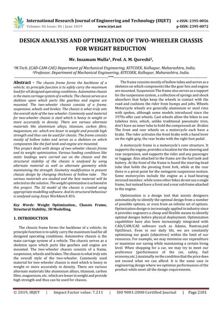 Irjet Design Analysis And Optimization Of Two Wheeler Chassis For