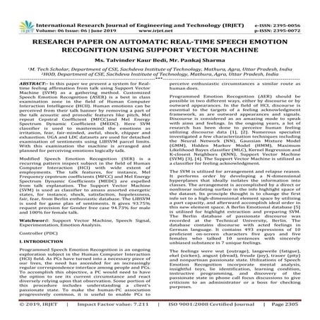 IRJET- Automatic Real-Time Speech Emotion Recognition using Support Vector Machine | PDF