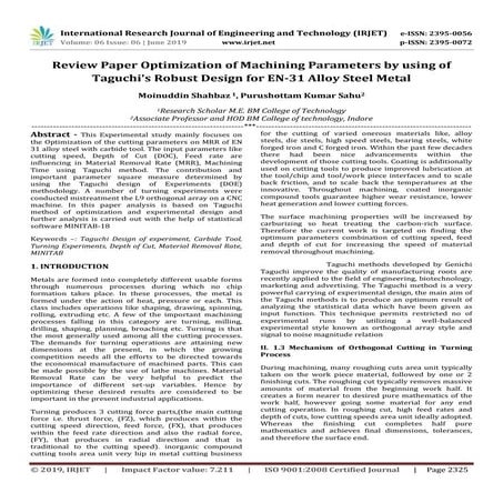 Irjet Review Paper Optimization Of Machining Parameters By Using Of