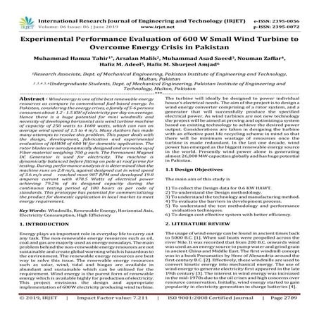 IRJET- Experimental Performance Evaluation of 600 W Small Wind Turbine ...