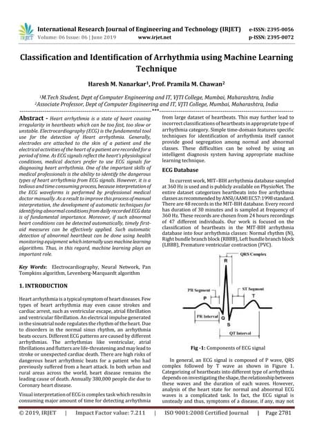 Irjet Classification And Identification Of Arrhythmia Using Machine