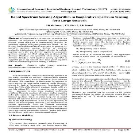 IRJET- Rapid Spectrum Sensing Algorithm in Cooperative Spectrum Sensing for a Large Network | PDF