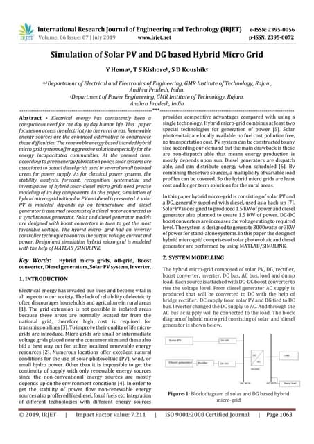 Irjet Simulation Of Solar Pv And Dg Based Hybrid Micro Grid Pdf