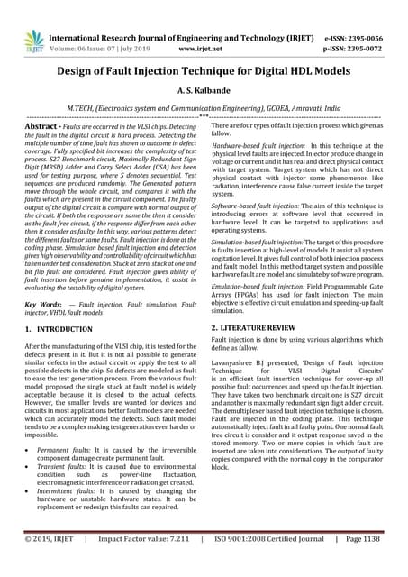 Irjet Design Of Fault Injection Technique For Digital Hdl Models Pdf 2205