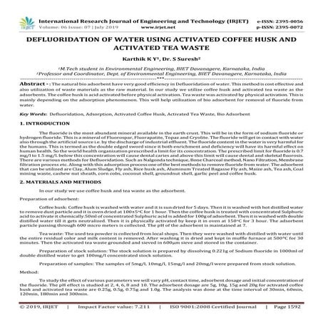 IRJET- Defluoridation of Water using Activated Coffee Husk and ...