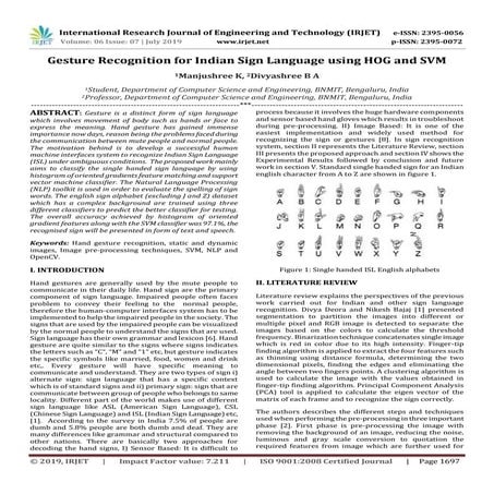 Irjet Gesture Recognition For Indian Sign Language Using Hog And Svm Pdf