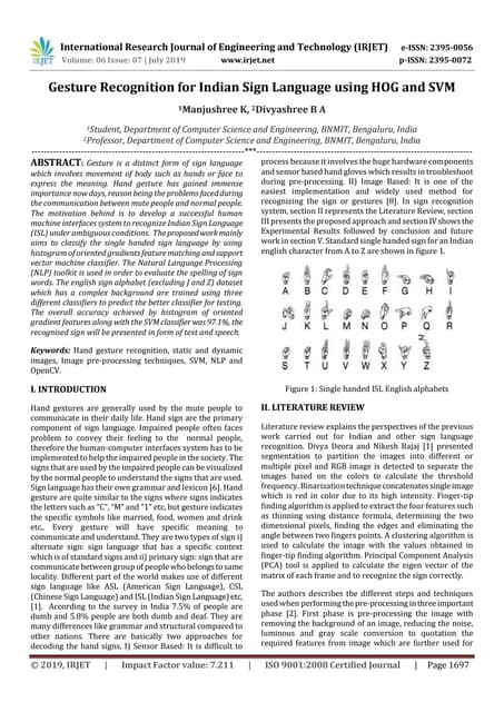Irjet Gesture Recognition For Indian Sign Language Using Hog And Svm Pdf