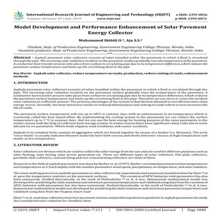Irjet Model Development And Performance Enhancement Of Solar Pavement