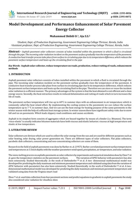 Irjet Model Development And Performance Enhancement Of Solar Pavement