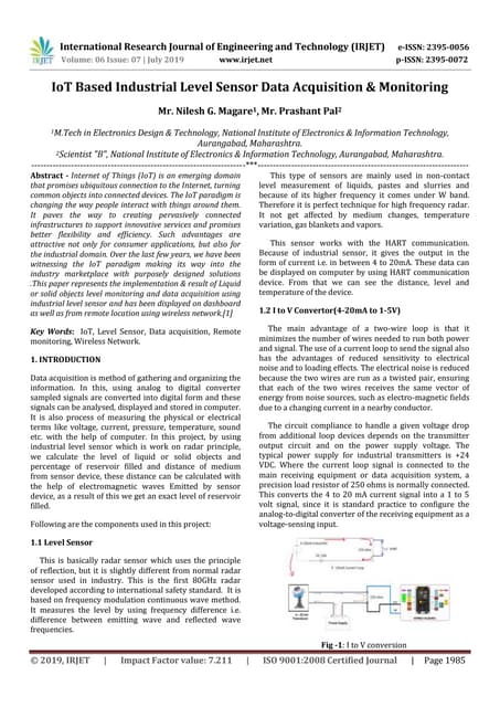 Irjet Iot Based Industrial Level Sensor Data Acquisition And Monitoring